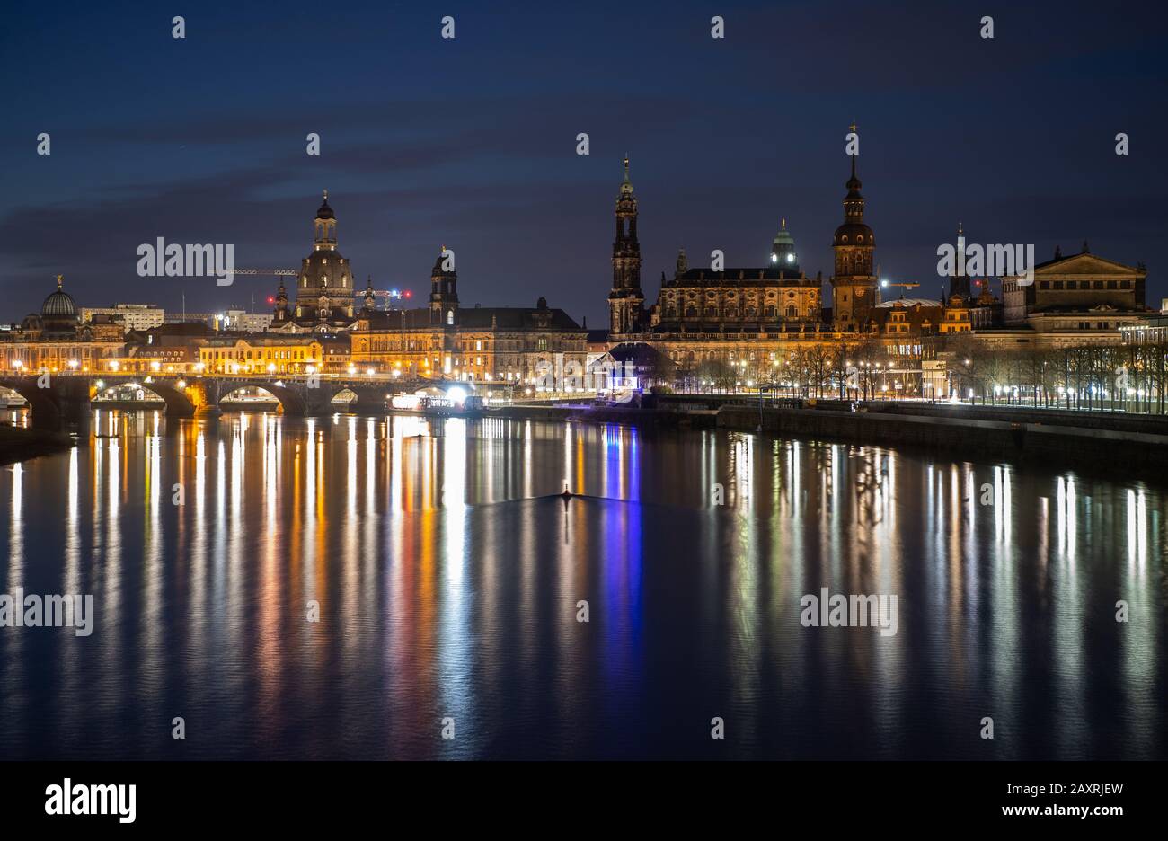 13 February 2020, Saxony, Dresden: Morning view of the histoic Old Town ...