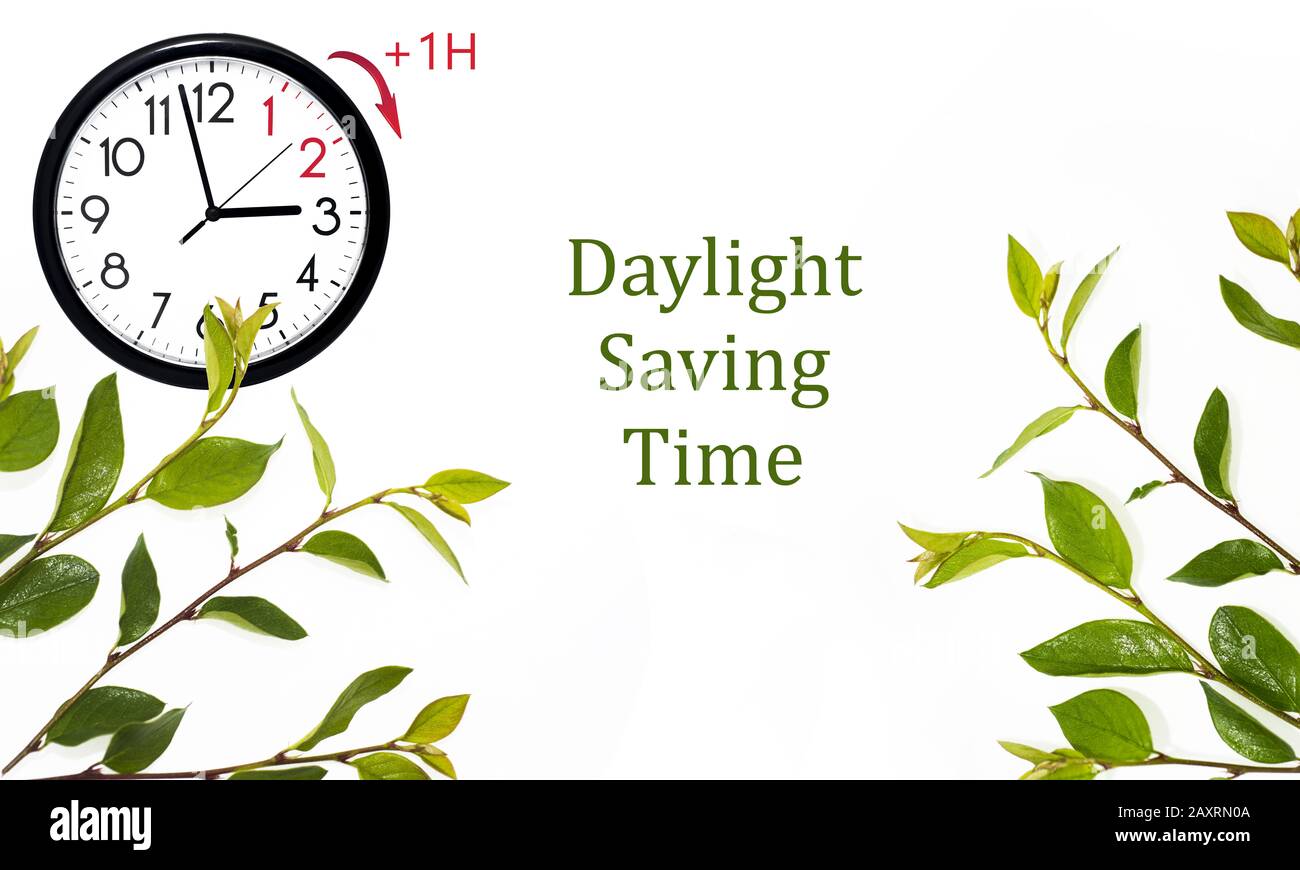 Daylight Saving Time (DST). Blue sky with white clouds and clock. Turn ...