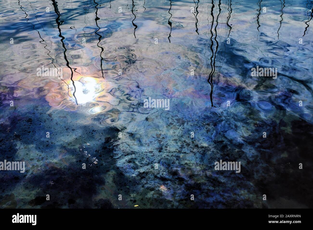 An oil spill in Sydney Harbour, reflections of yacht masts and the sun ...