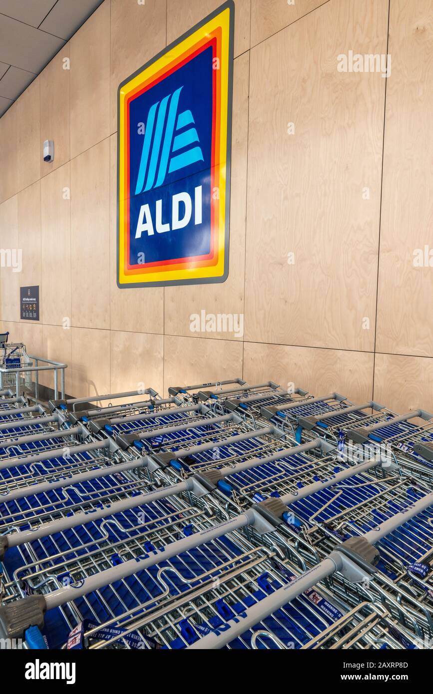 Sydney, Australia - May 13, 2019: Aldi supermarket shopping trolleys in ...
