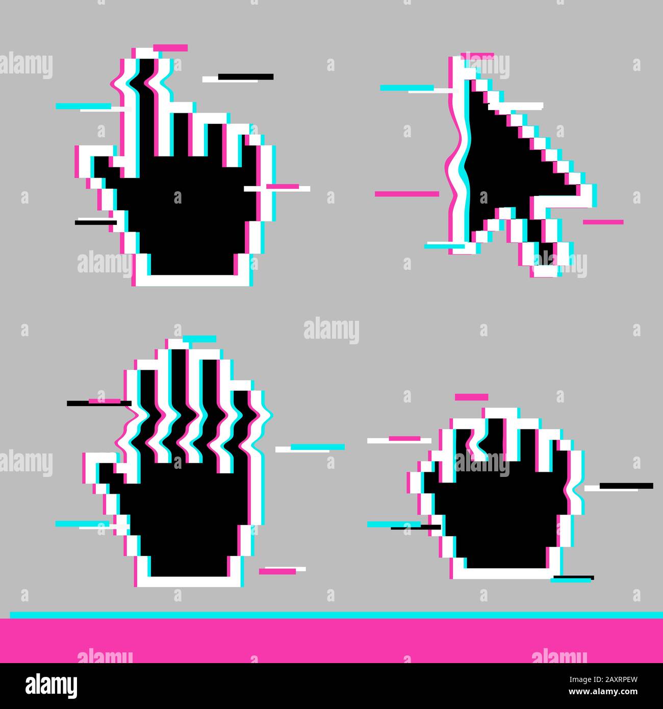 Black pixel glitch mouse hand and arrow cursor icon sign set flat style ...