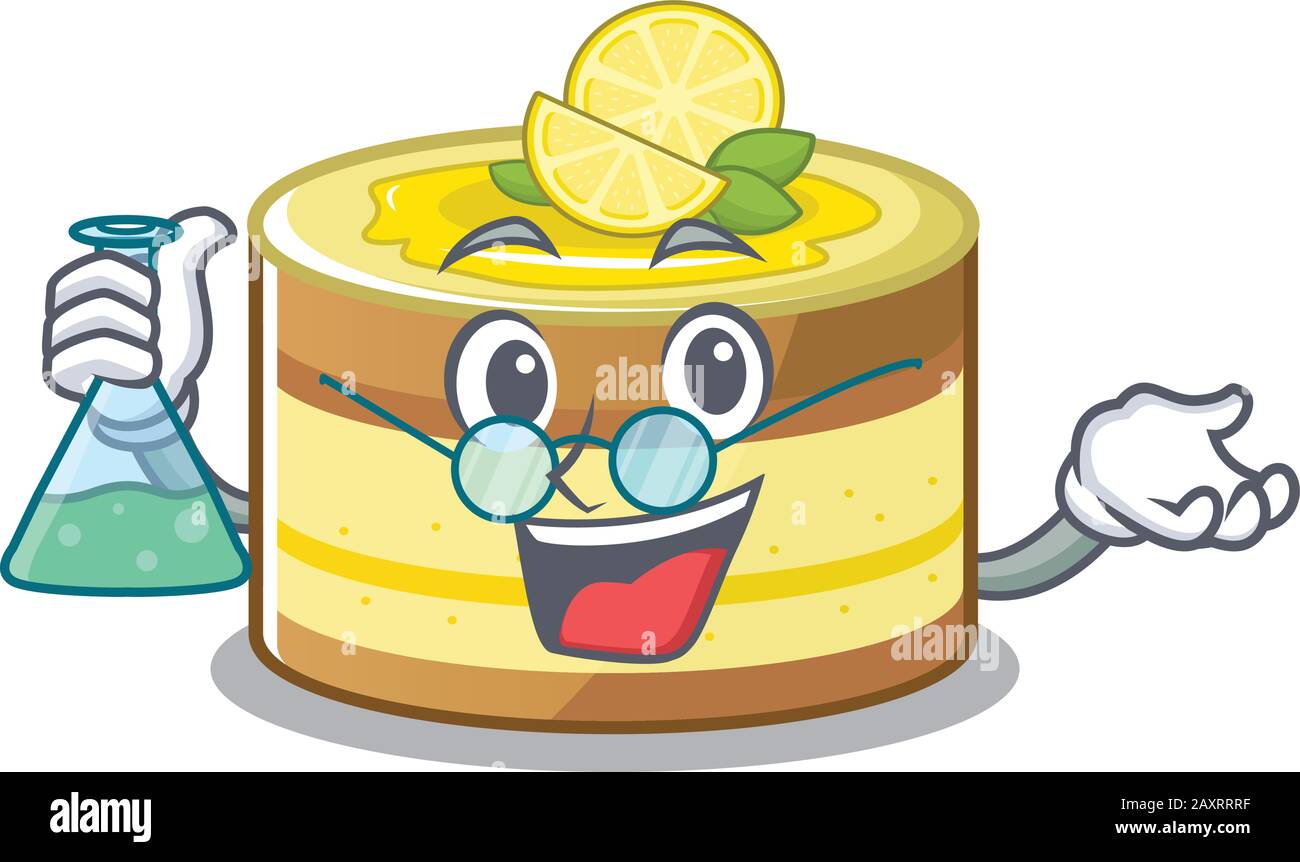 Cool lemon cake Professor cartoon character with glass tube Stock ...