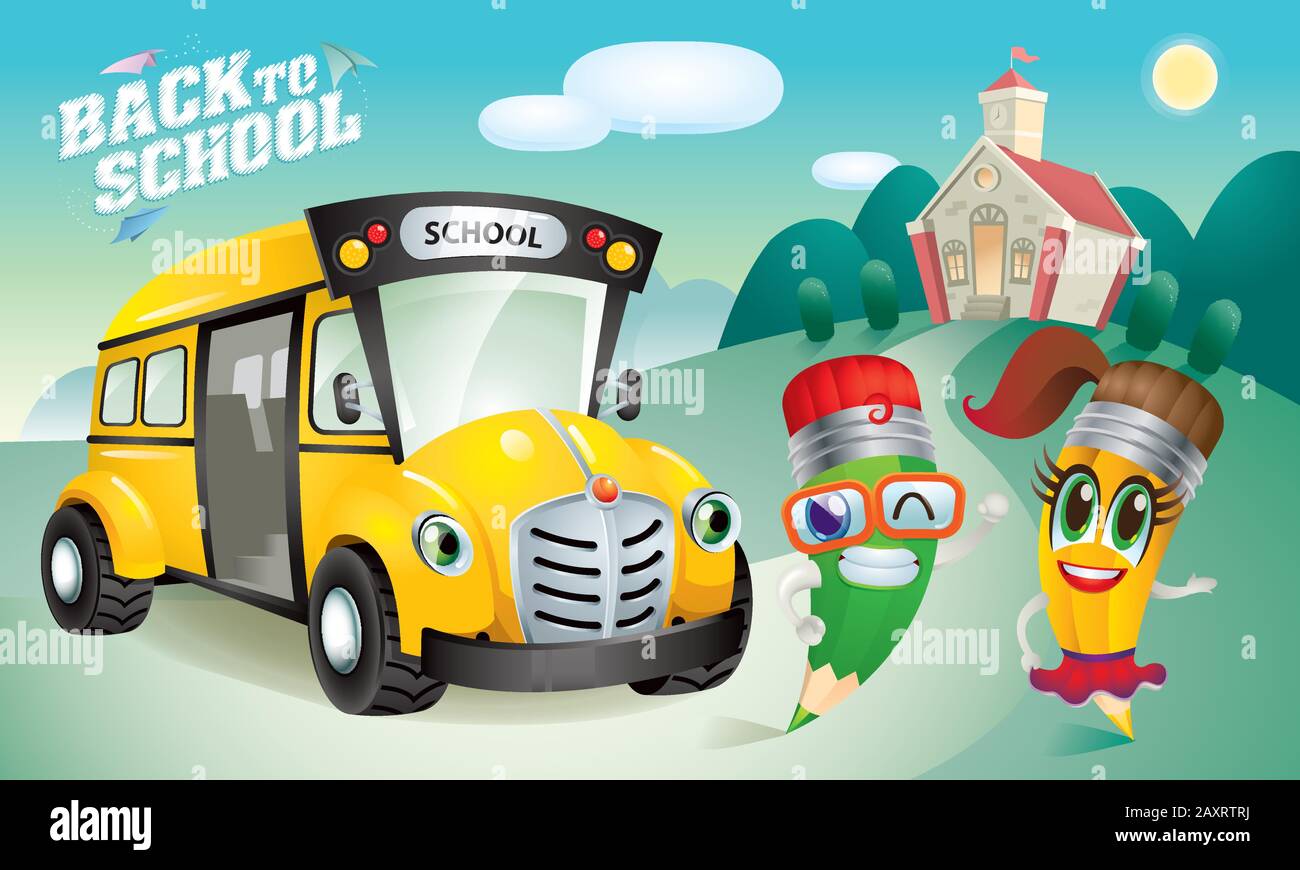 Back to school's vector. With cute cartoon characters and a school bus ...