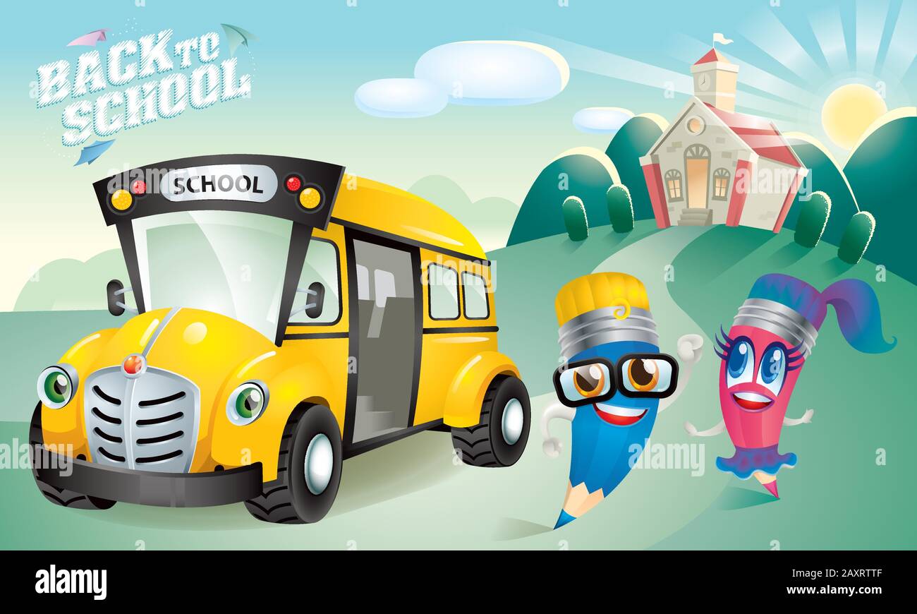 Back to school's vector. With cute cartoon characters and a school bus ...