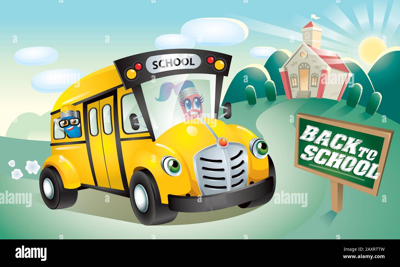 Back to school's vector. With cute cartoon characters and a school bus ...