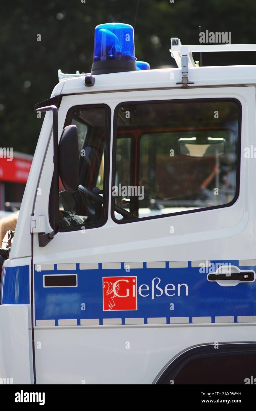 The side view and close-up of an emergency vehicle of the order police ...