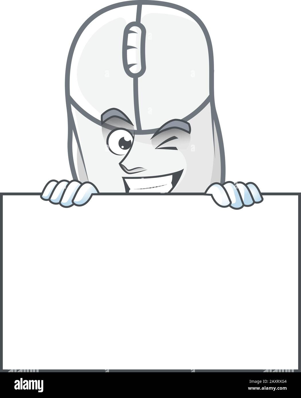 White mouse cartoon character with funny face hides behind a board ...