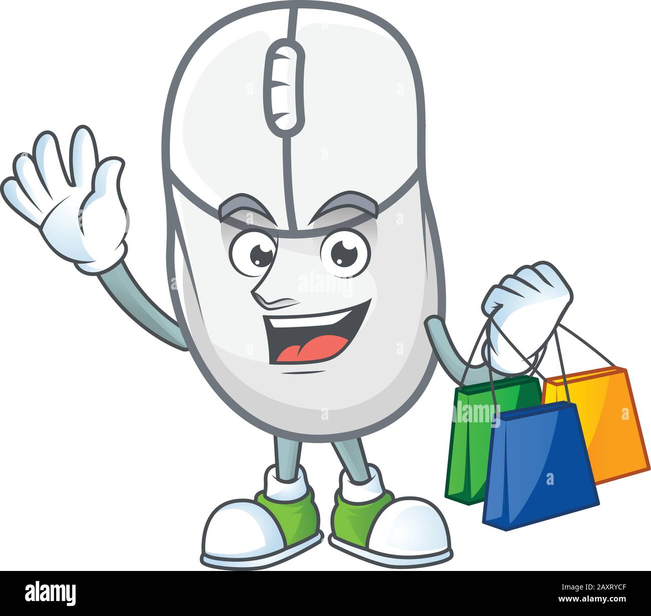 A rich white mouse cartoon design waving and holding Shopping bag Stock ...