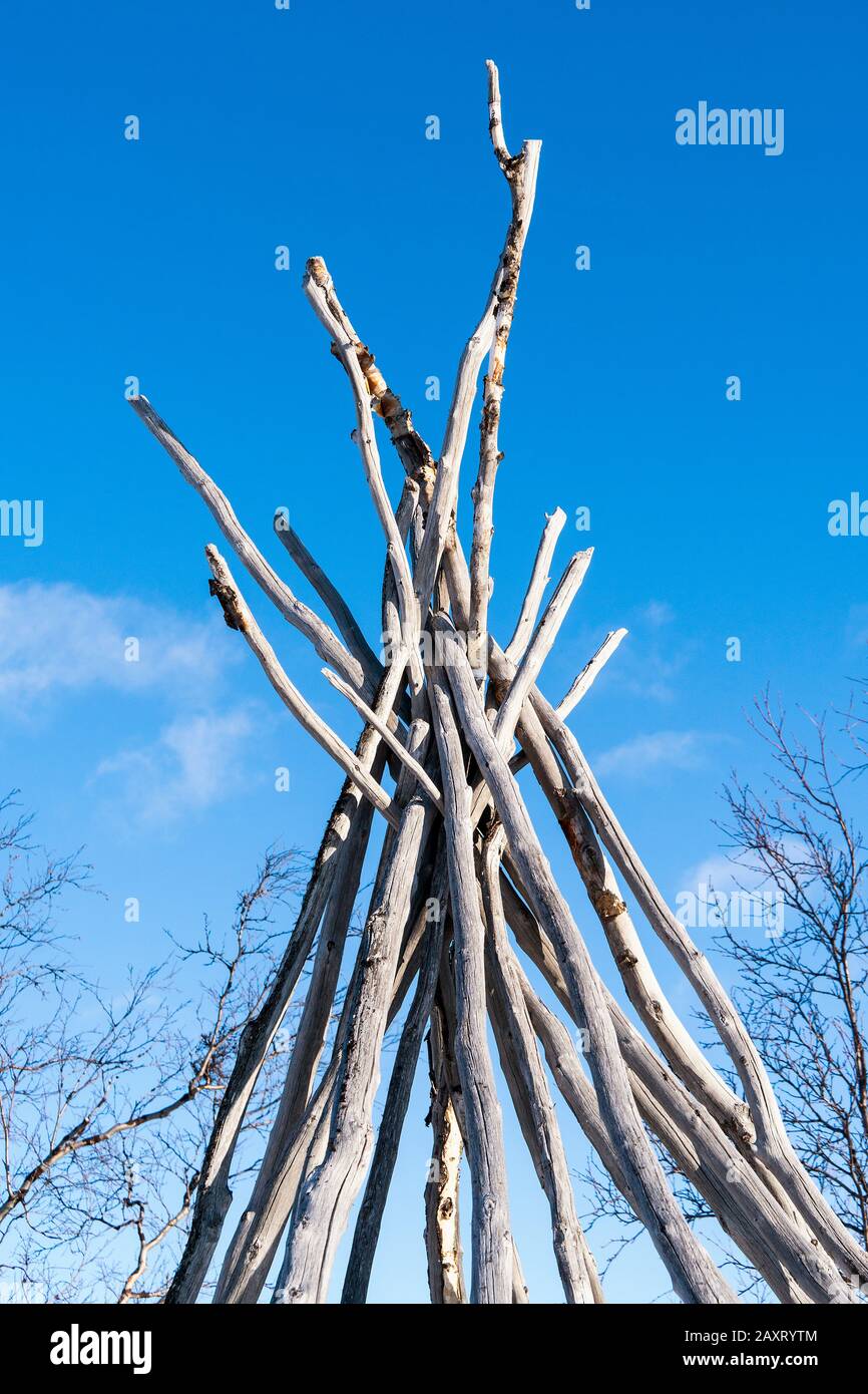Sweden, Lapland, historic Samendorf, tepee, wooden tent poles Stock ...