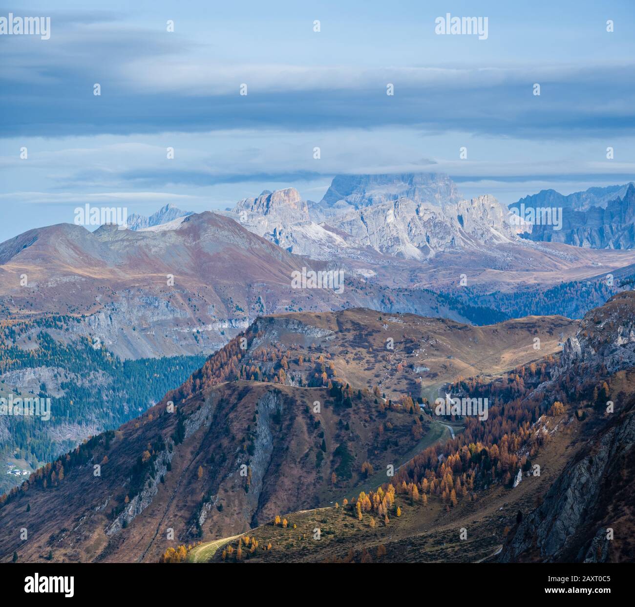Autumn evening alpine Dolomites mountain scene near Pordoi Pass ...