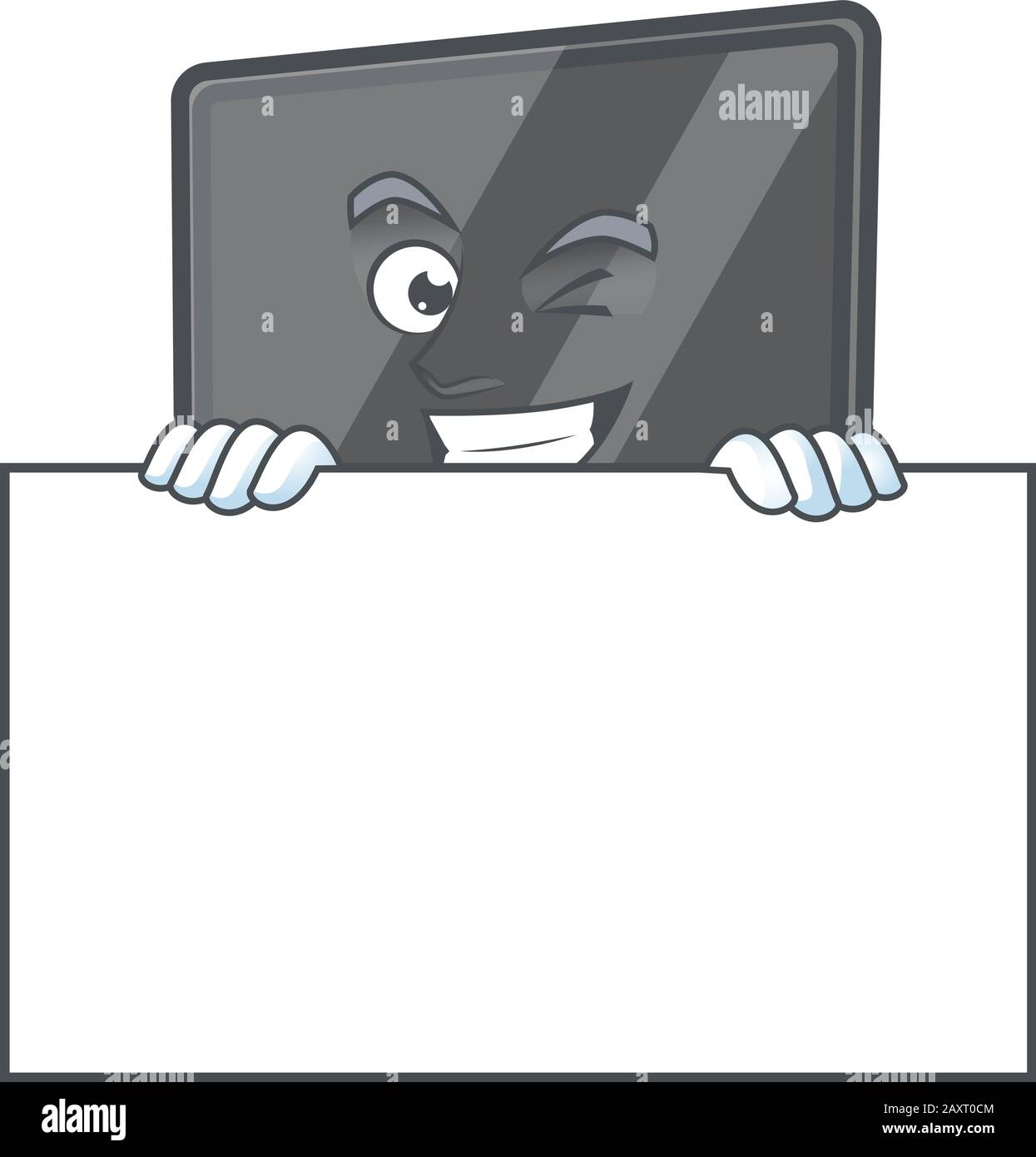 Computer screen cartoon character with funny face hides behind a board ...