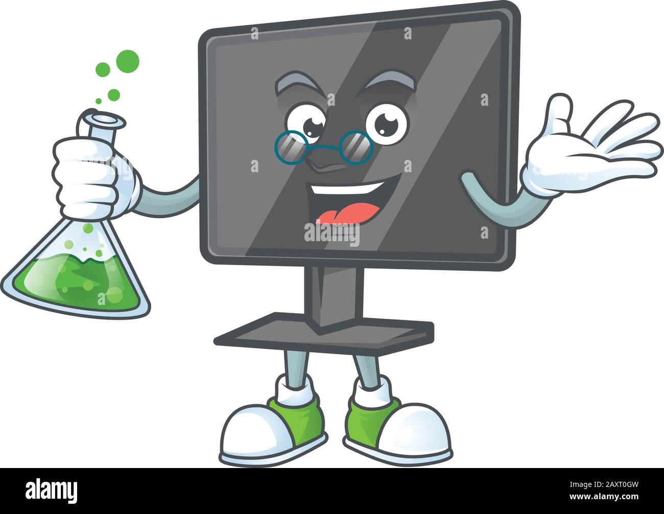 A genius Professor computer screen cartoon character with glass tube ...
