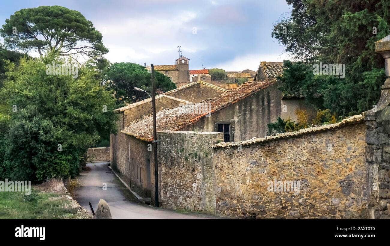 View of the village Pouzols Minervois. The old town center belongs to ...