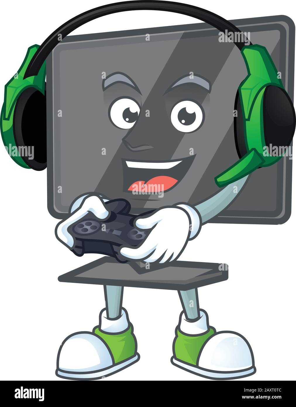 Computer screen cartoon picture play a game with headphone and ...