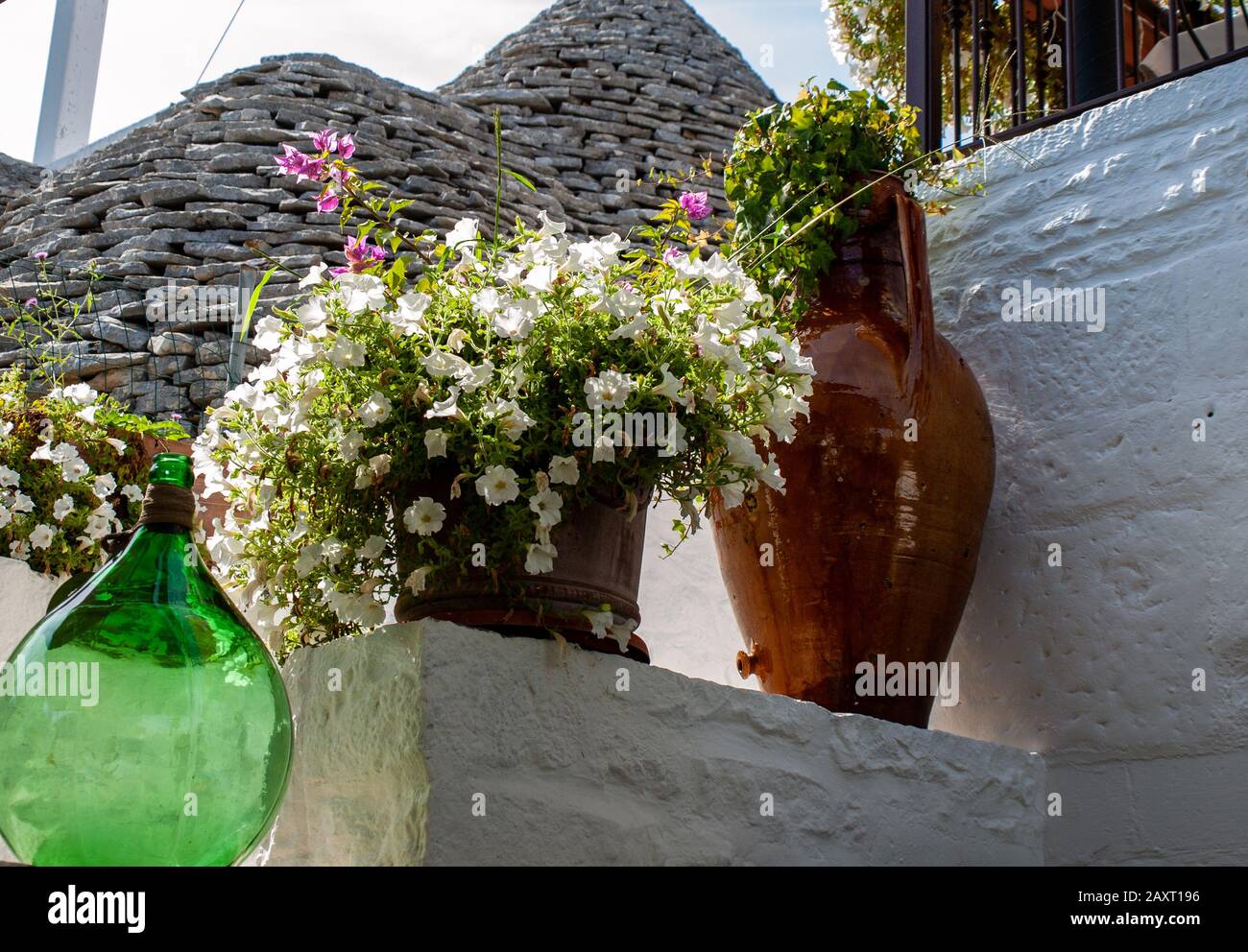 Demijohn, White petunias and ceramic jug at cafe in Trulli village in ...