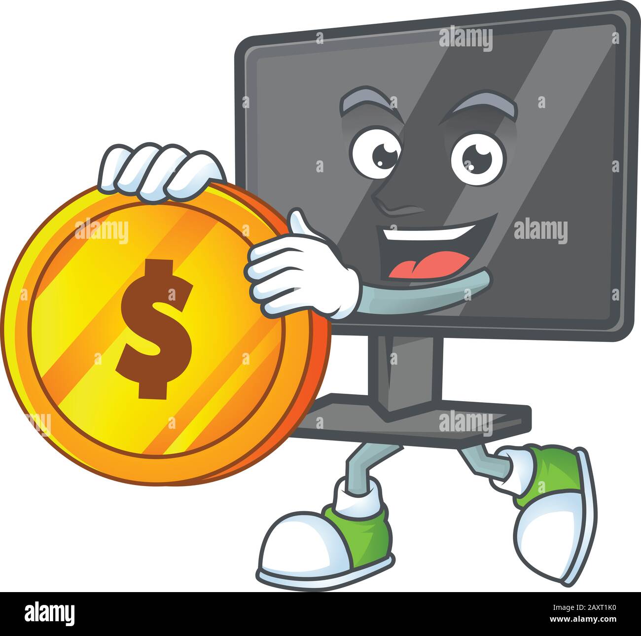 an elegant computer screen mascot cartoon design with gold coin Stock ...