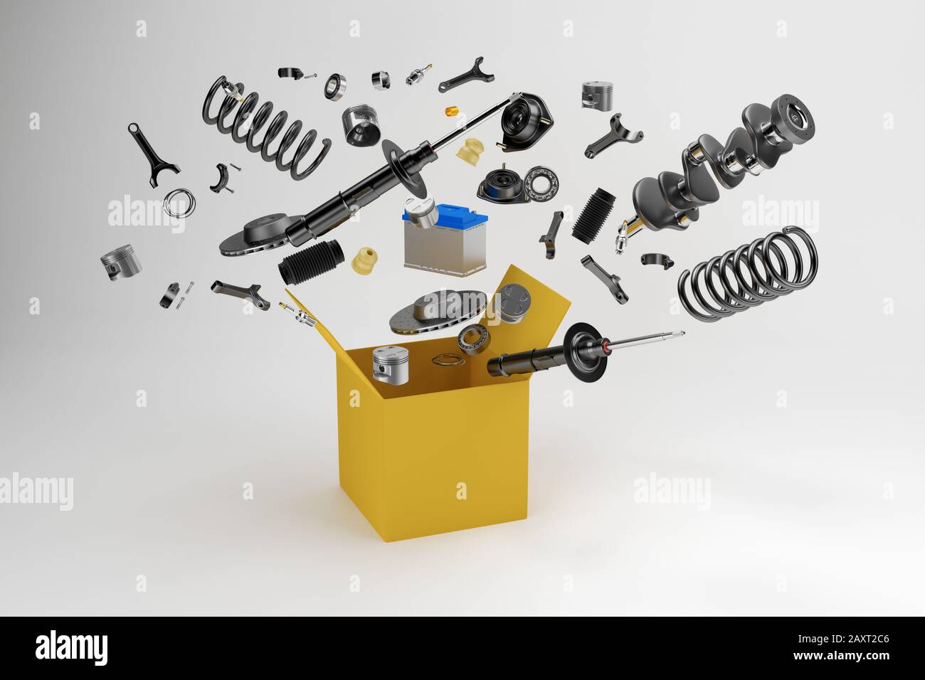 Many spare parts flying out of the box gray background. Isolated auto ...