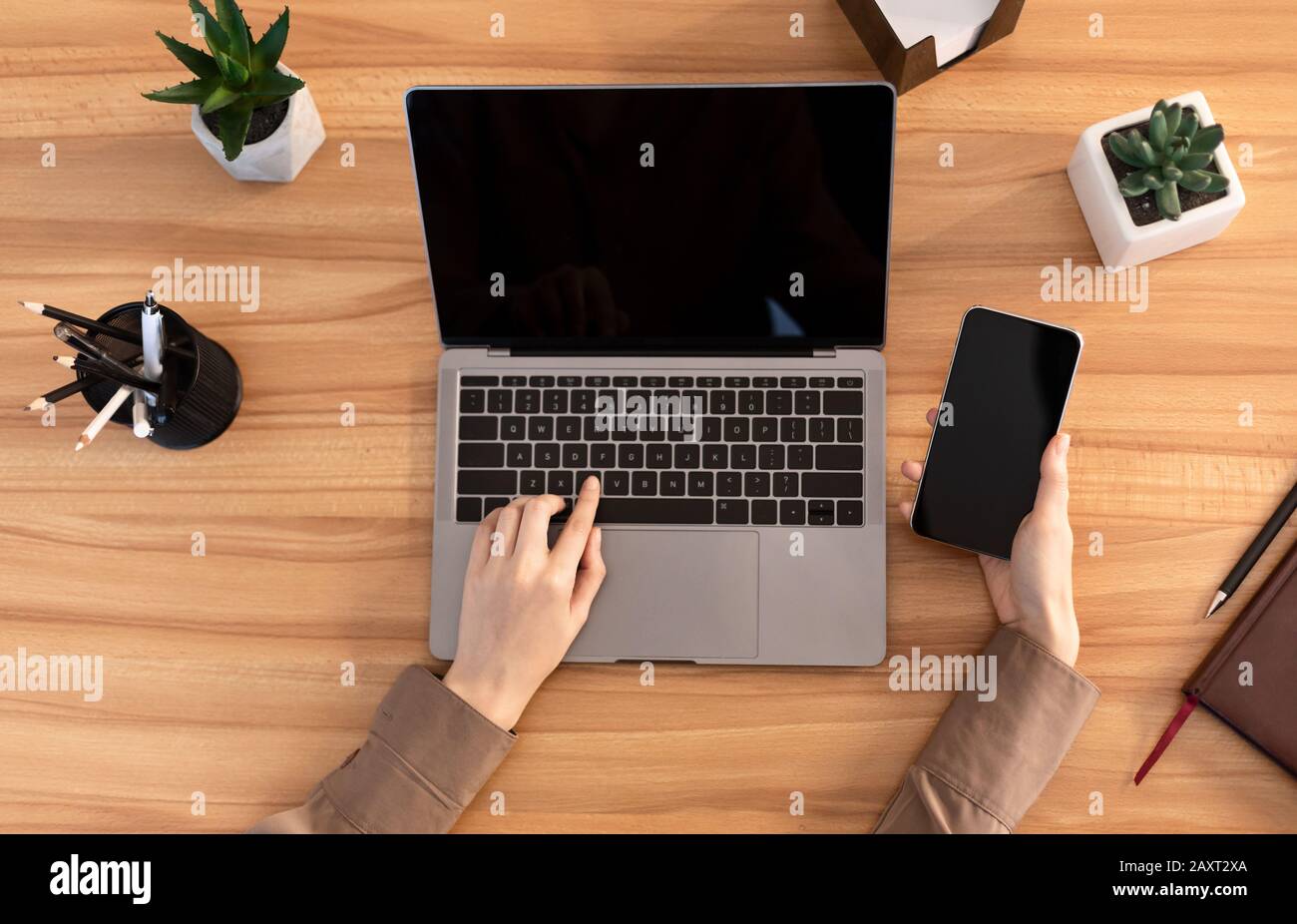 Above view woman using her personal computer at home Stock Photo - Alamy
