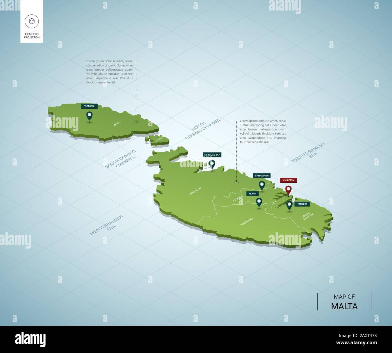 Stylized map of Malta. Isometric 3D green map with cities, borders ...