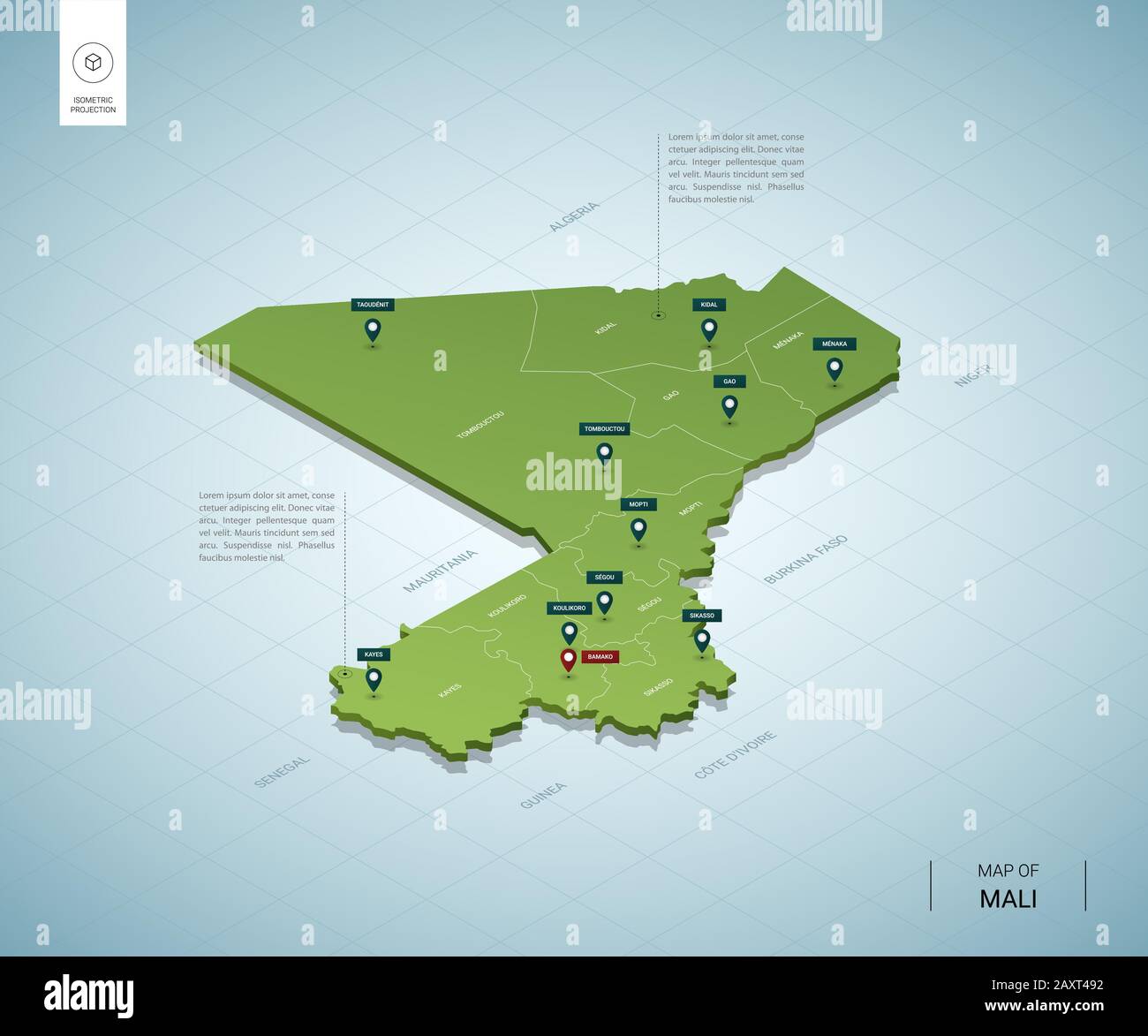 Stylized map of Mali. Isometric 3D green map with cities, borders ...