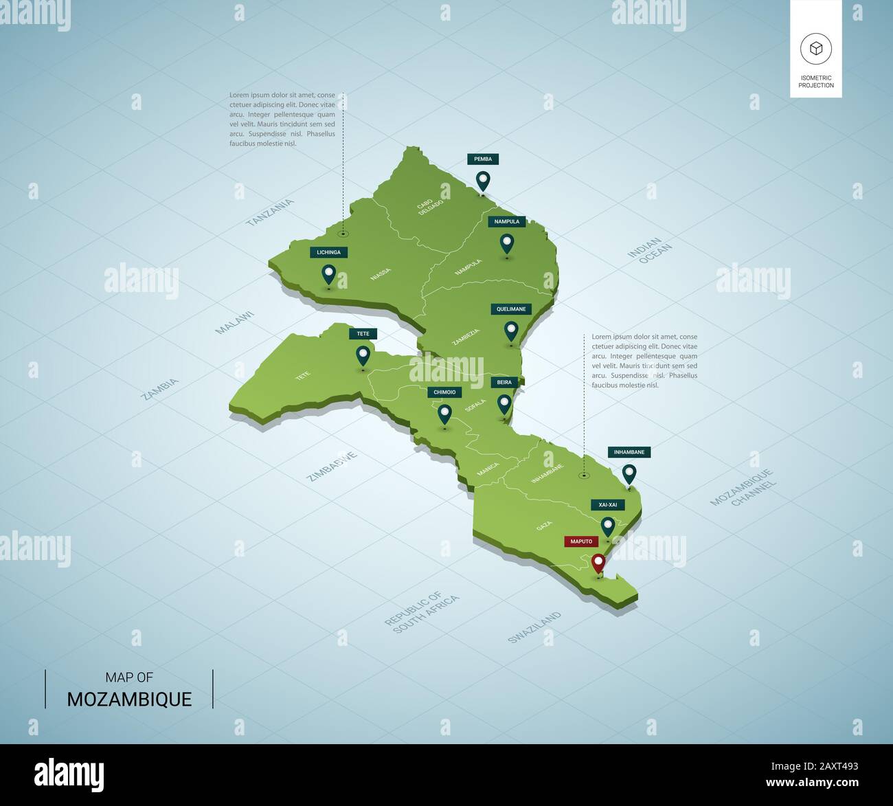 Stylized map of Mozambique. Isometric 3D green map with cities, borders ...