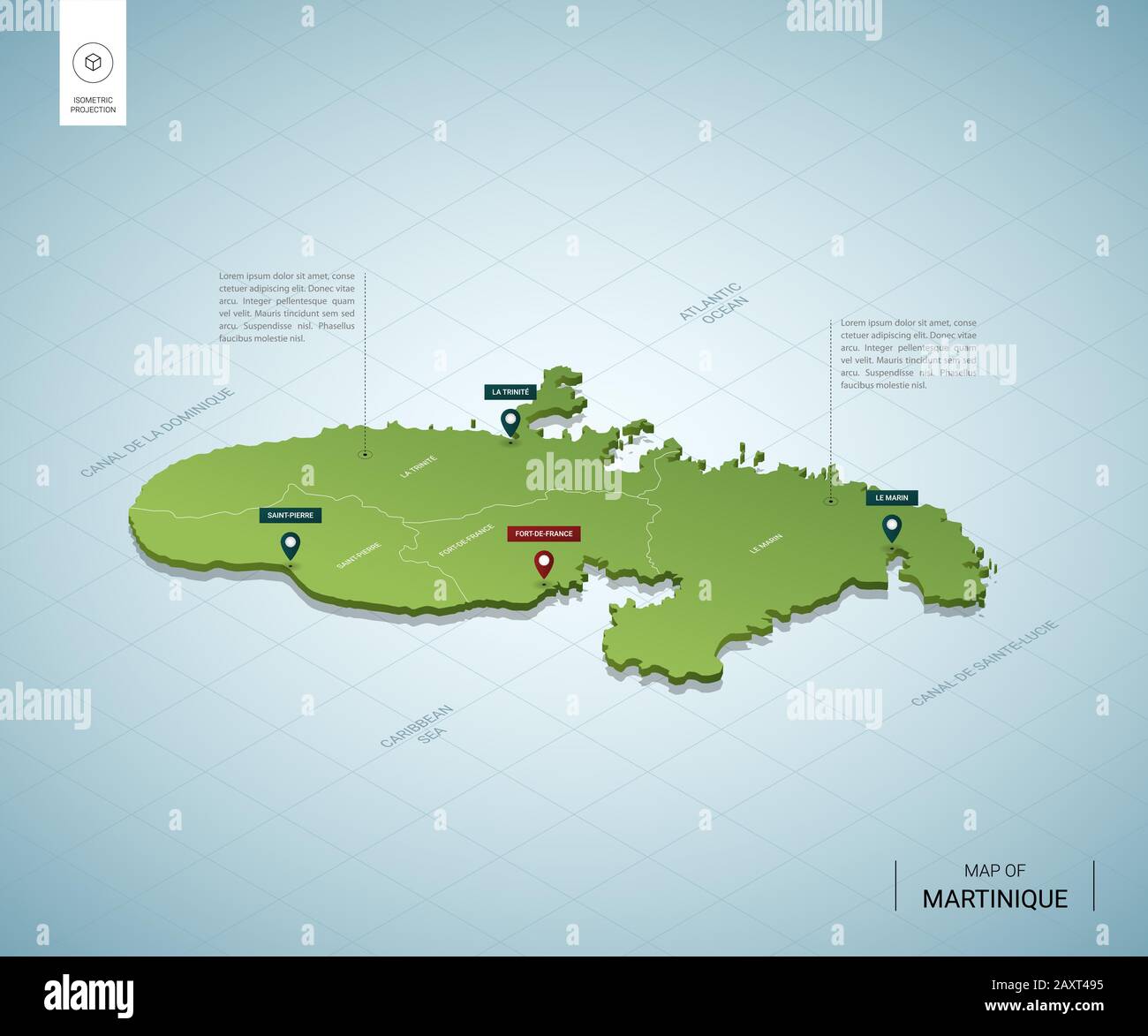 Stylized map of Martinique. Isometric 3D green map with cities, borders ...