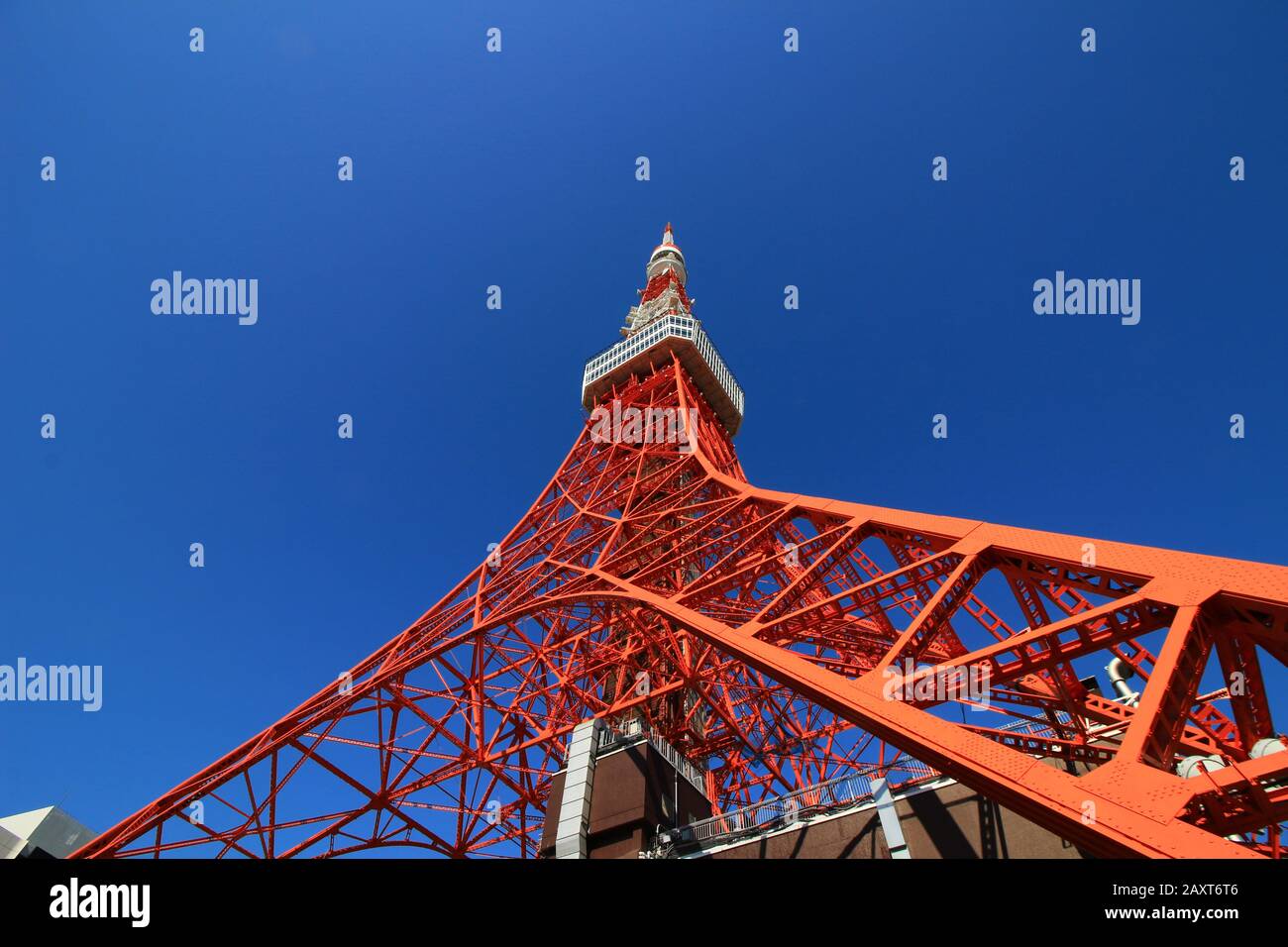 Colorful Tokyo Tower built with steel structure viewed from below ...