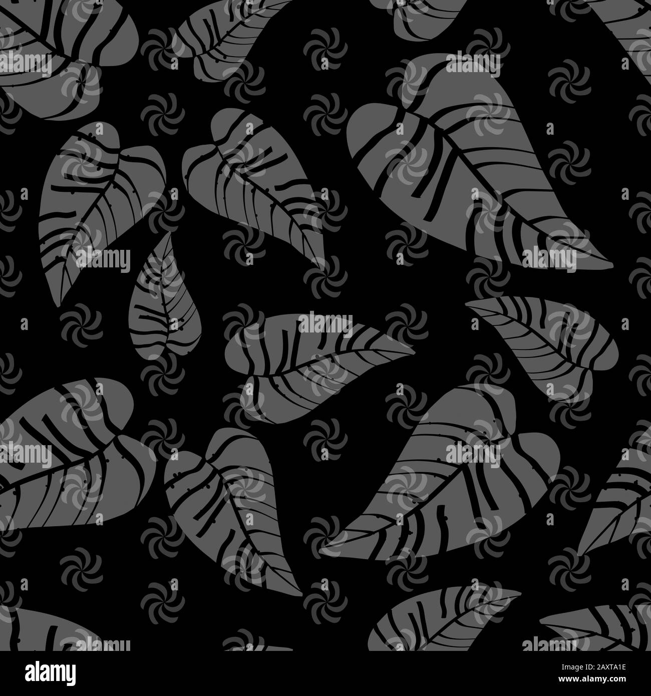 Grey tropical leaves on a black background seamless pattern Stock ...