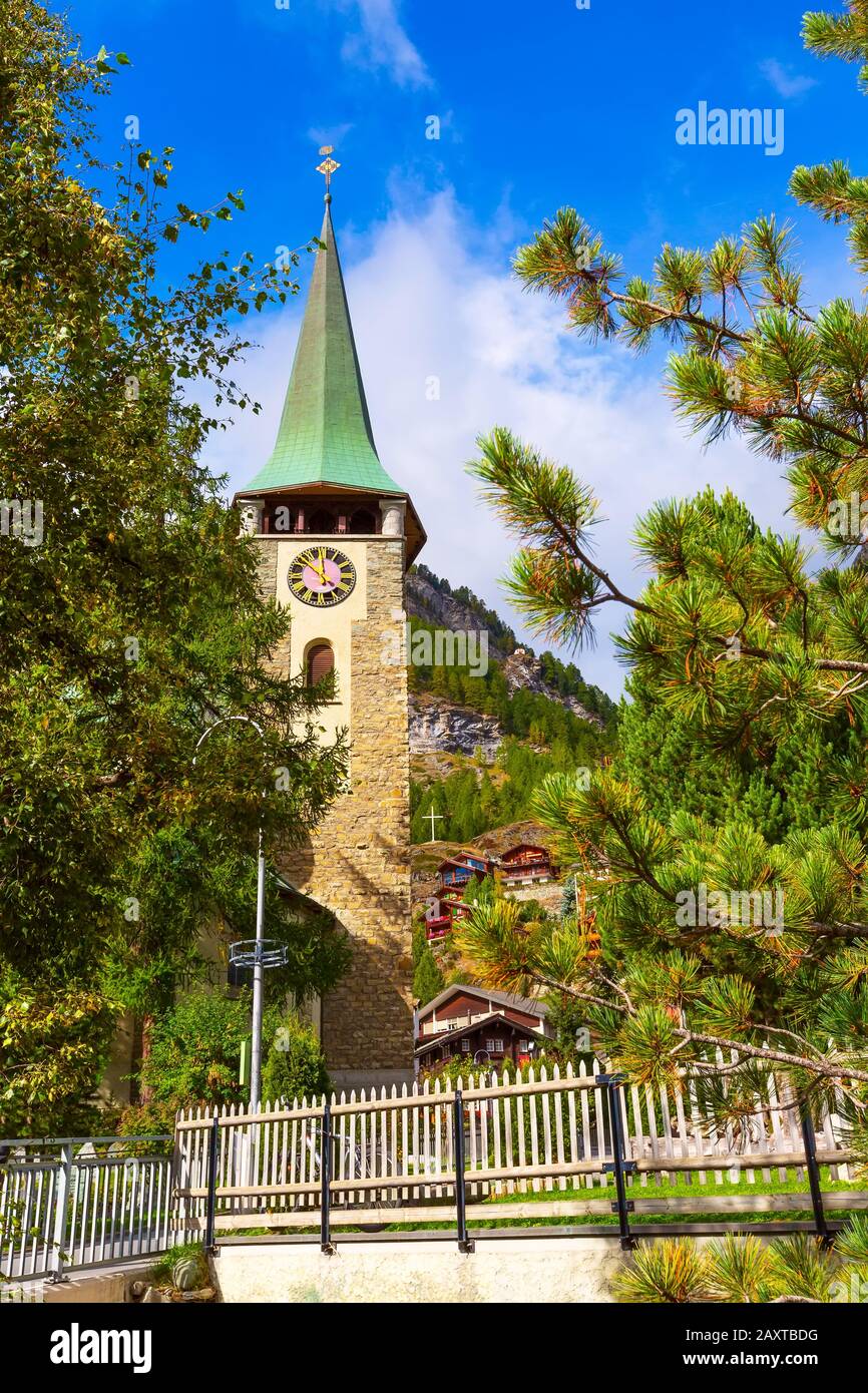 Zermatt, Switzerland St. Mauritius Church tower in famous swiss ski ...