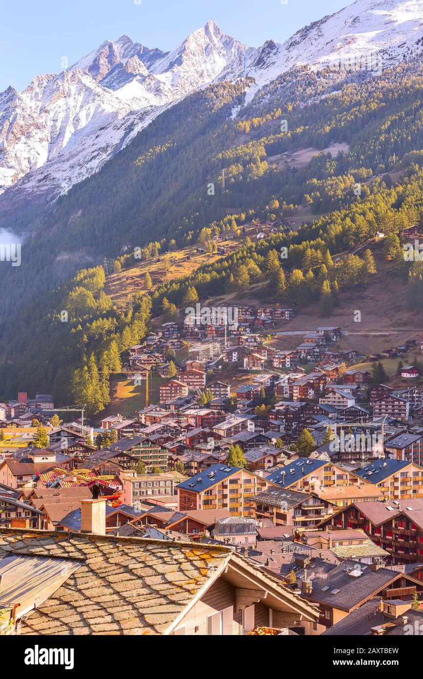 Zermatt, Switzerland aerial town main view in famous swiss ski resort ...