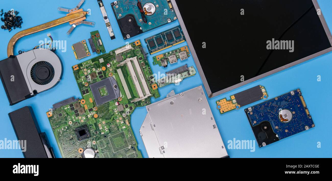 Parts of a modern computer. The insides of a laptop on a blue ...