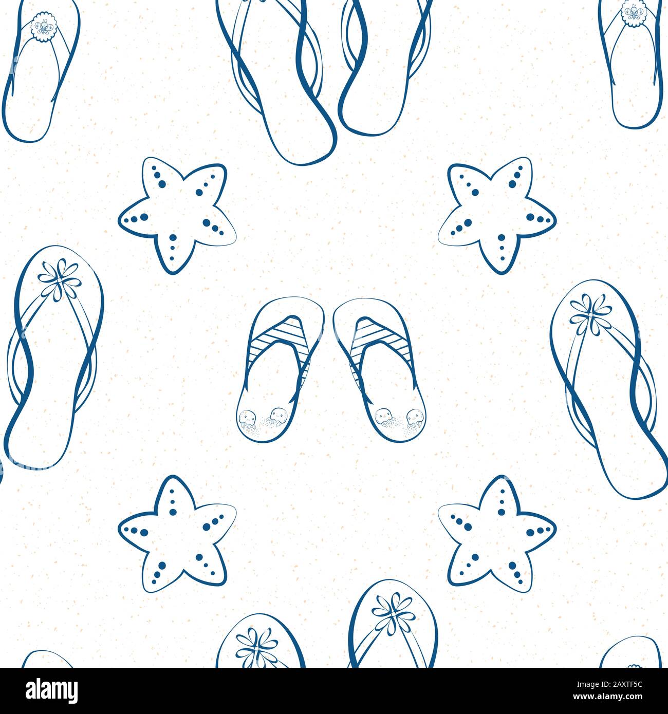 Flip flop shoe seamless vector pattern background. Hand drawn outline style with cute starfish ...