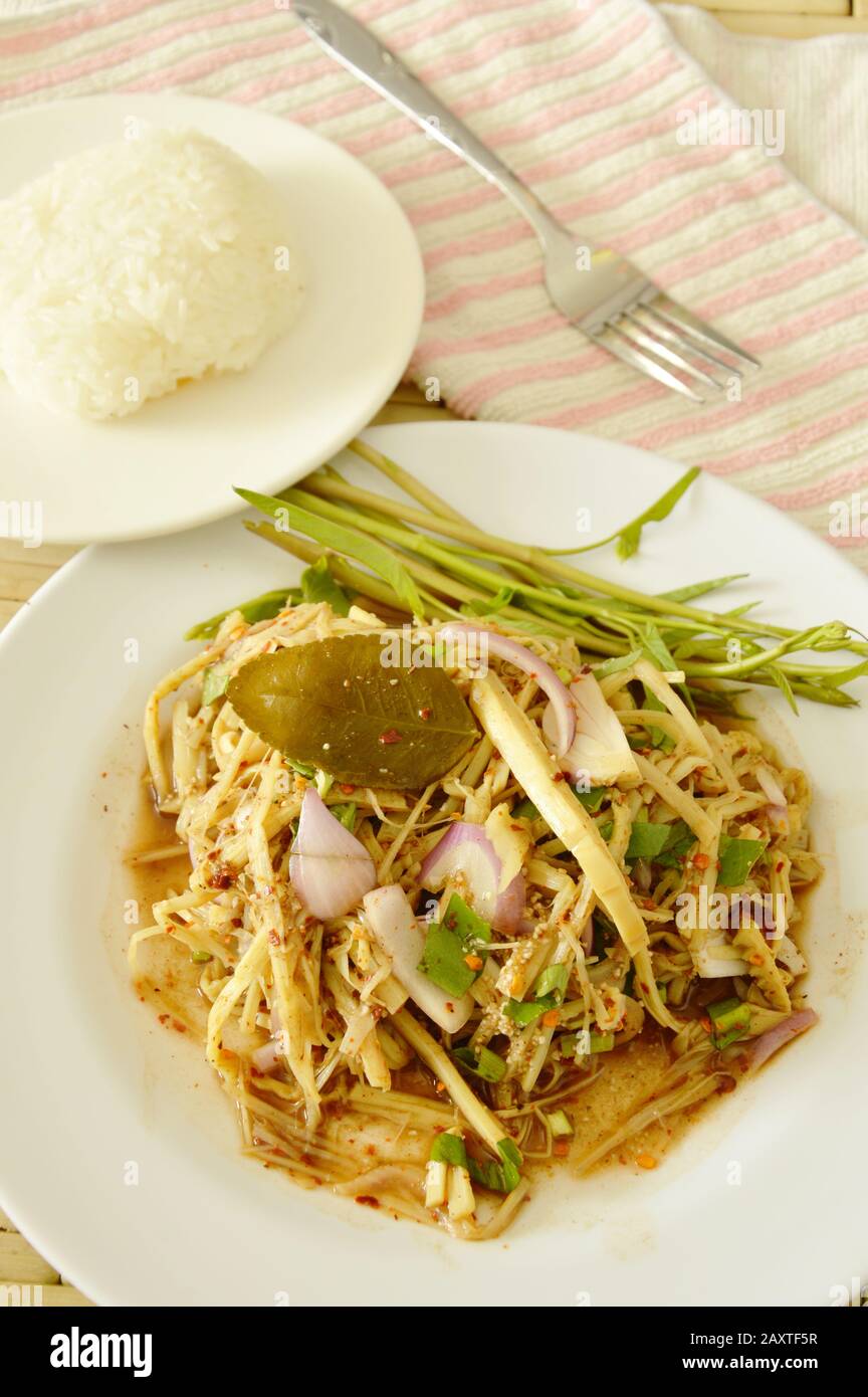 spicy shredded bamboo shoot salad in Thai northeastern style eat with ...
