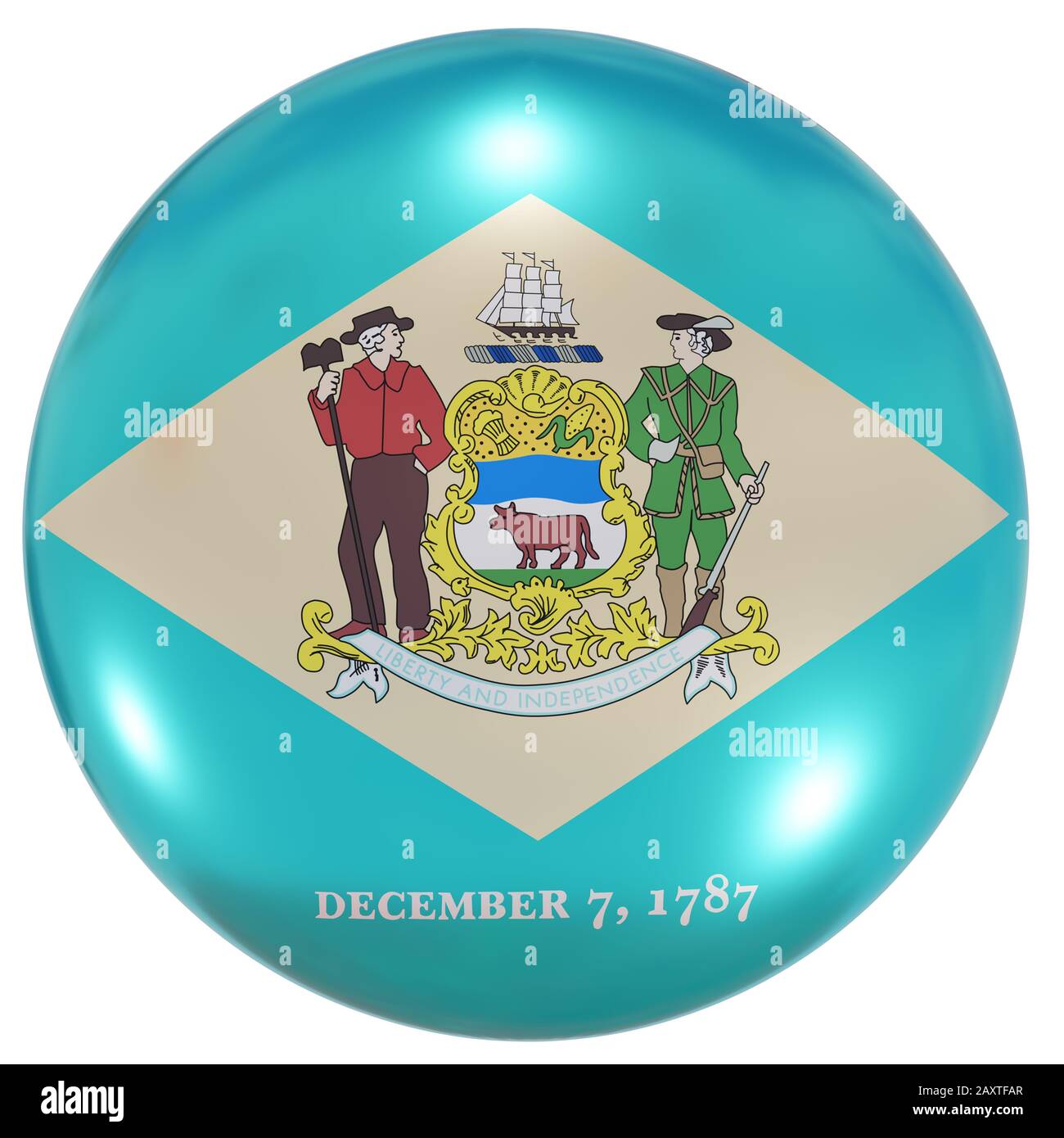 3d rendering of a Delaware USA State flag on a circle icon isolated on ...