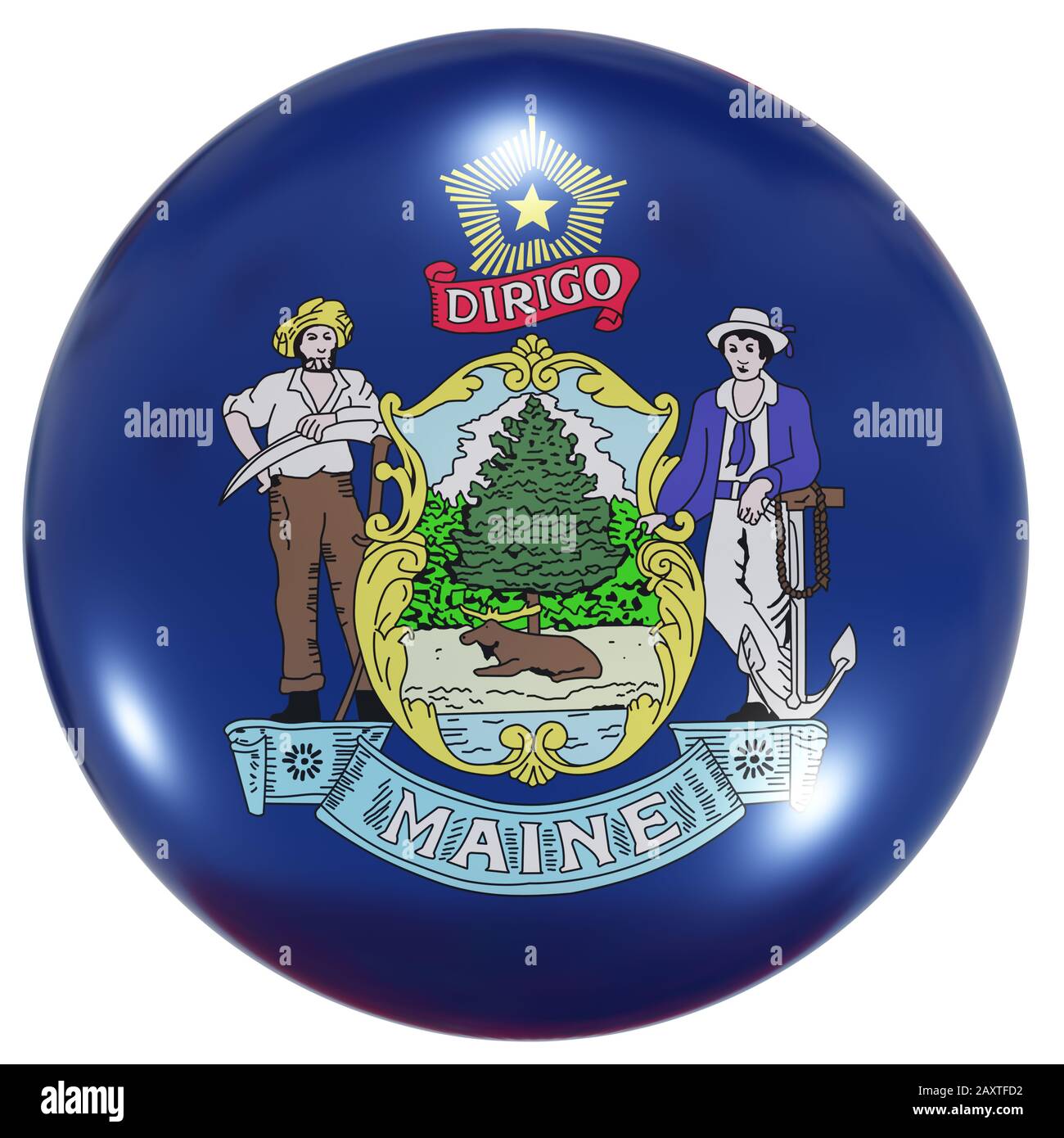 3d rendering of a Maine USA State flag on a circle icon isolated on ...