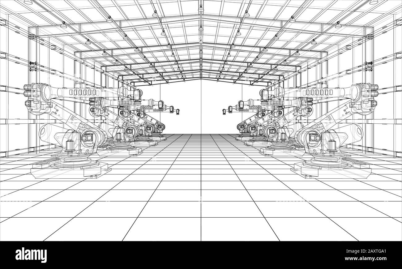 A plant with industral robots manipulators. Blueprint style. Vector ...