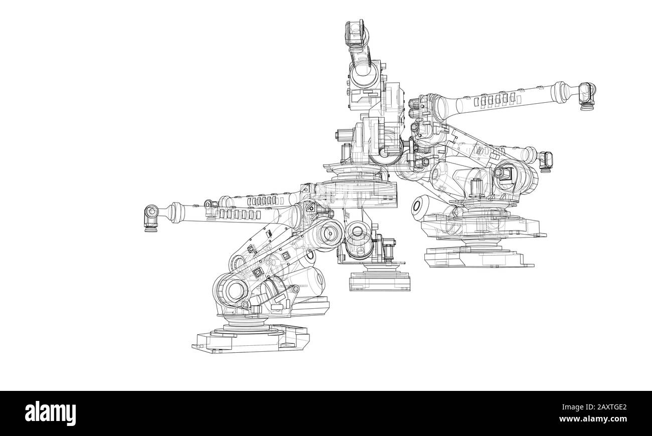 A industral robots manipulators. Blueprint style. Vector rendering from ...
