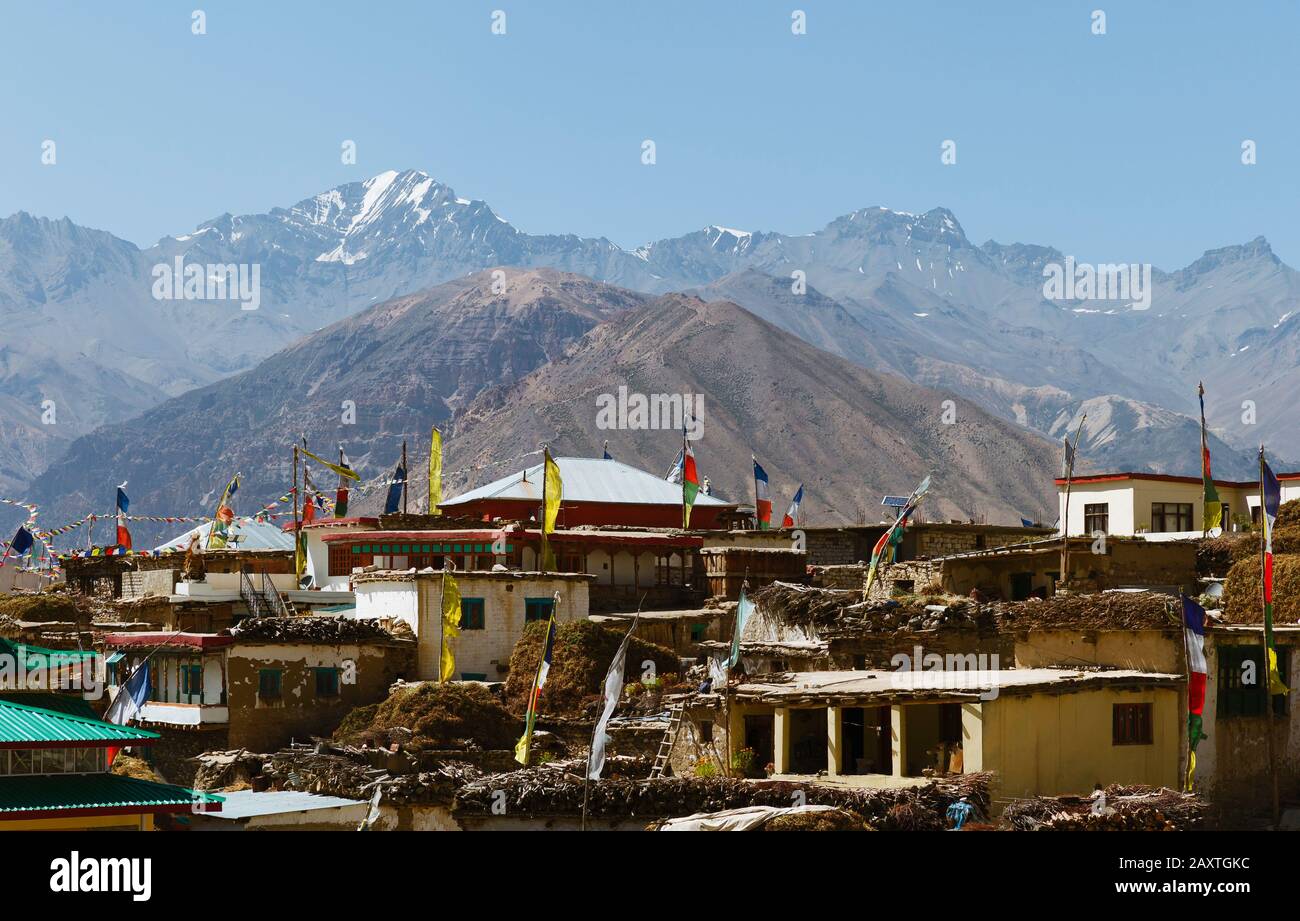 The ancient village of Nako set against the high Himalayas and Buddhist ...