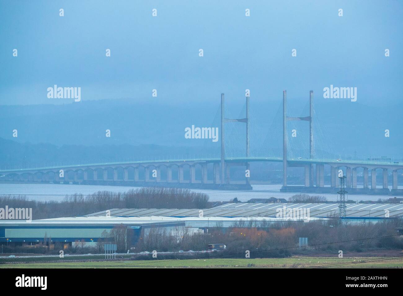 Mist and fog surrounds the M4 Severn Bridge motorway river crossing ...