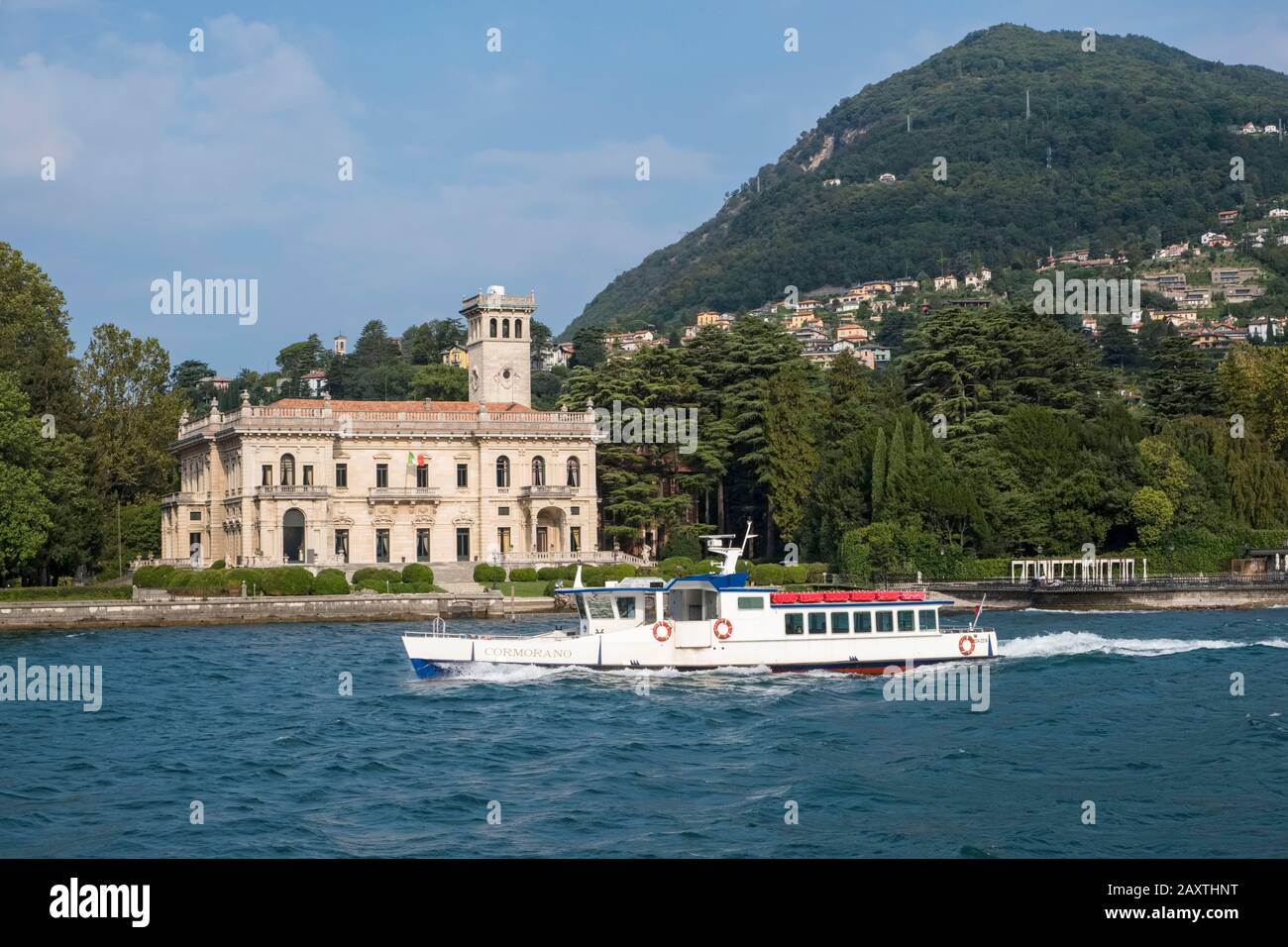 Italy, Lombardy, Lake Como: ferry in front of the Villa Erba Stock ...