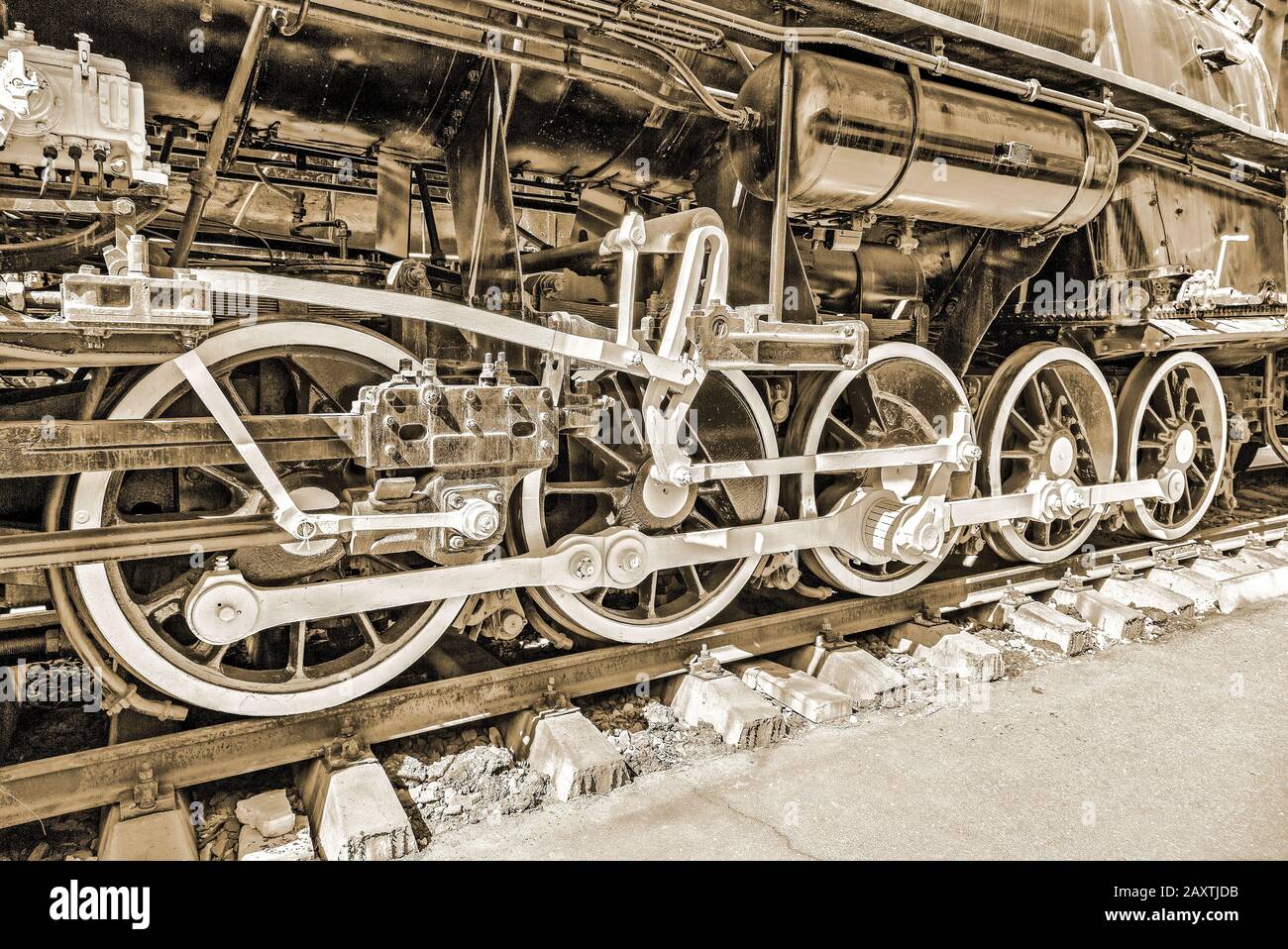 Vintage steam locomotive engine wheels and rods details Stock Photo - Alamy