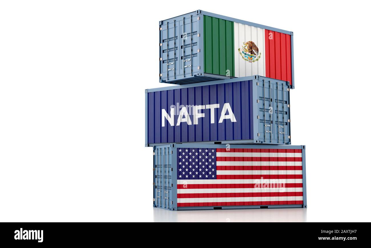 Freight containers with Mexico and USA national flags and one with the ...