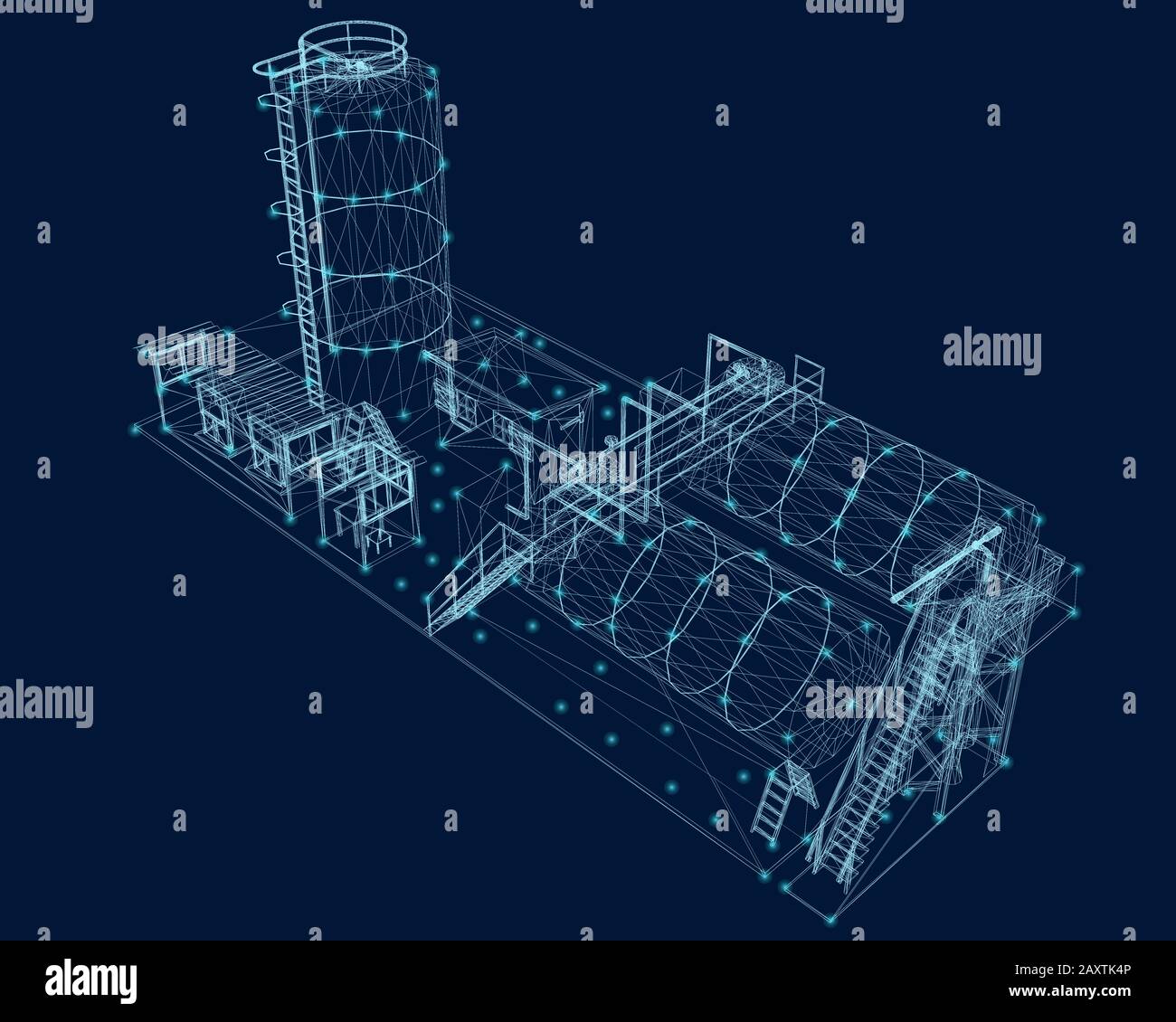 Wireframe of an industrial building from blue lines on a dark ...