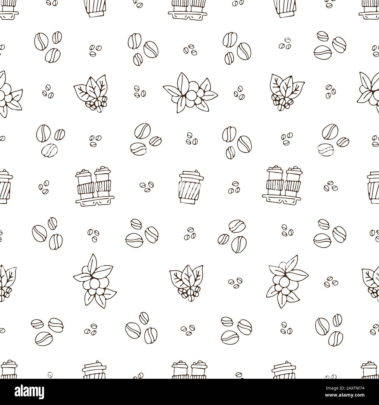 Vector hand draw coffee cup and coffee beans with leaves pattern. Coffe ...