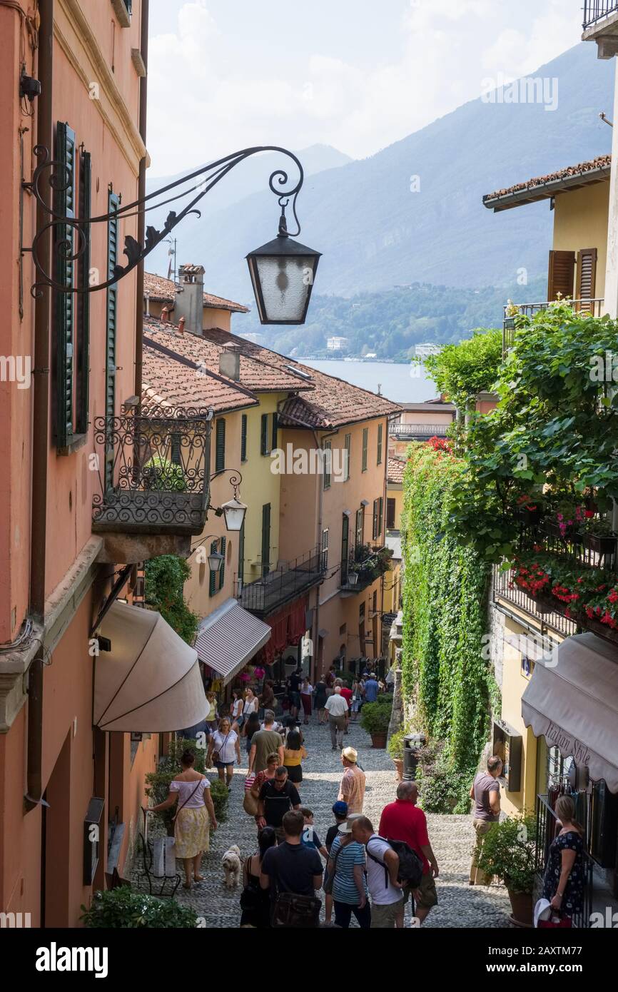 Italy, Lombardy, Lake Como: lane in the village of Bellagio Stock Photo ...