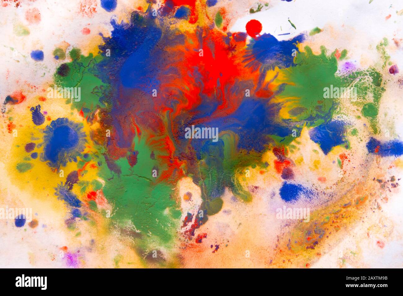 Mixing of paints of different colors on a white paper. Abstract ...