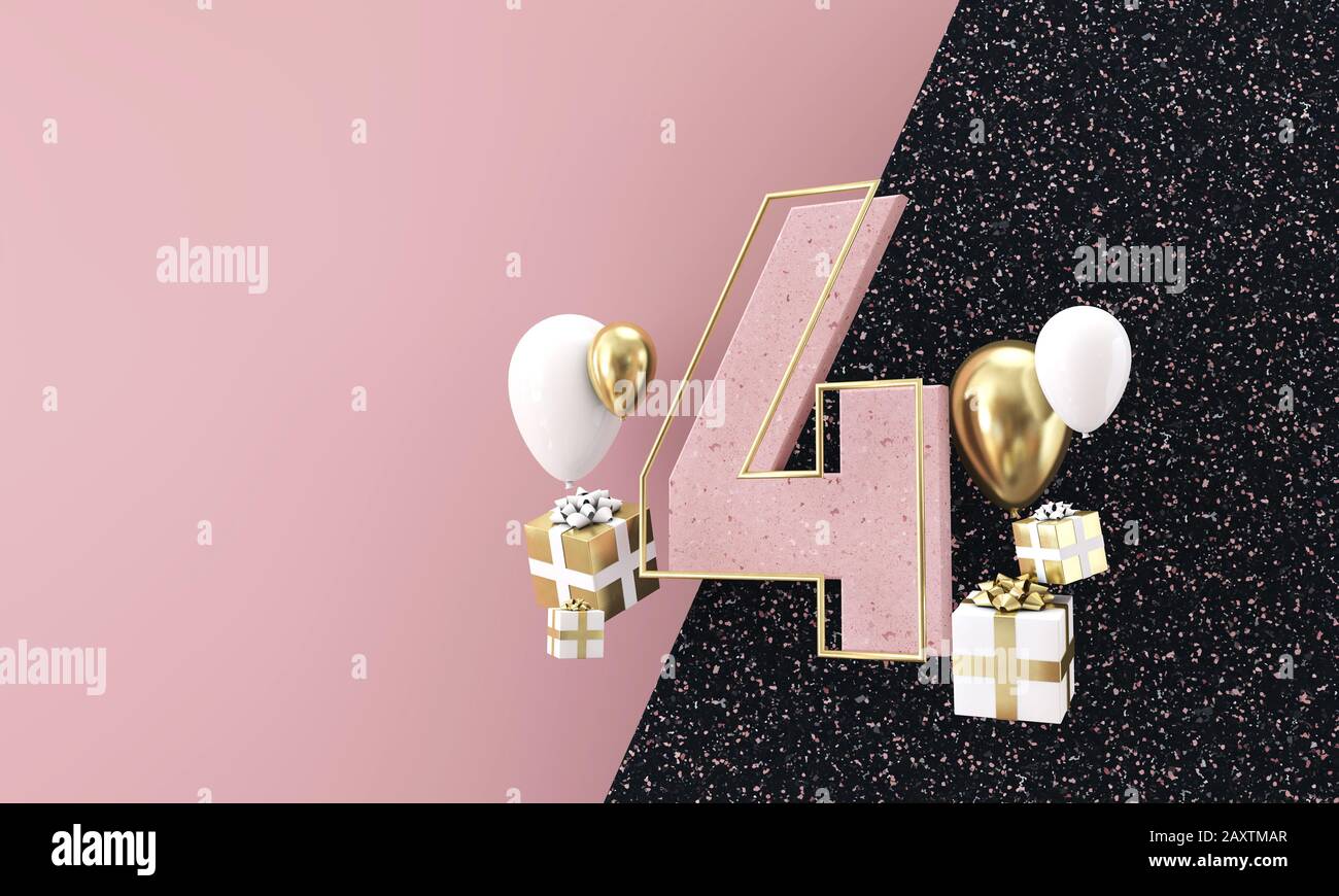 Happy 4th birthday party celebration. Modern marble composition 3D ...