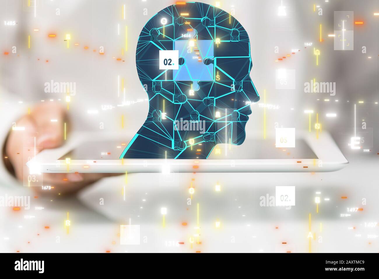 Person touching a virtual projection of a human head - frame of mind ...