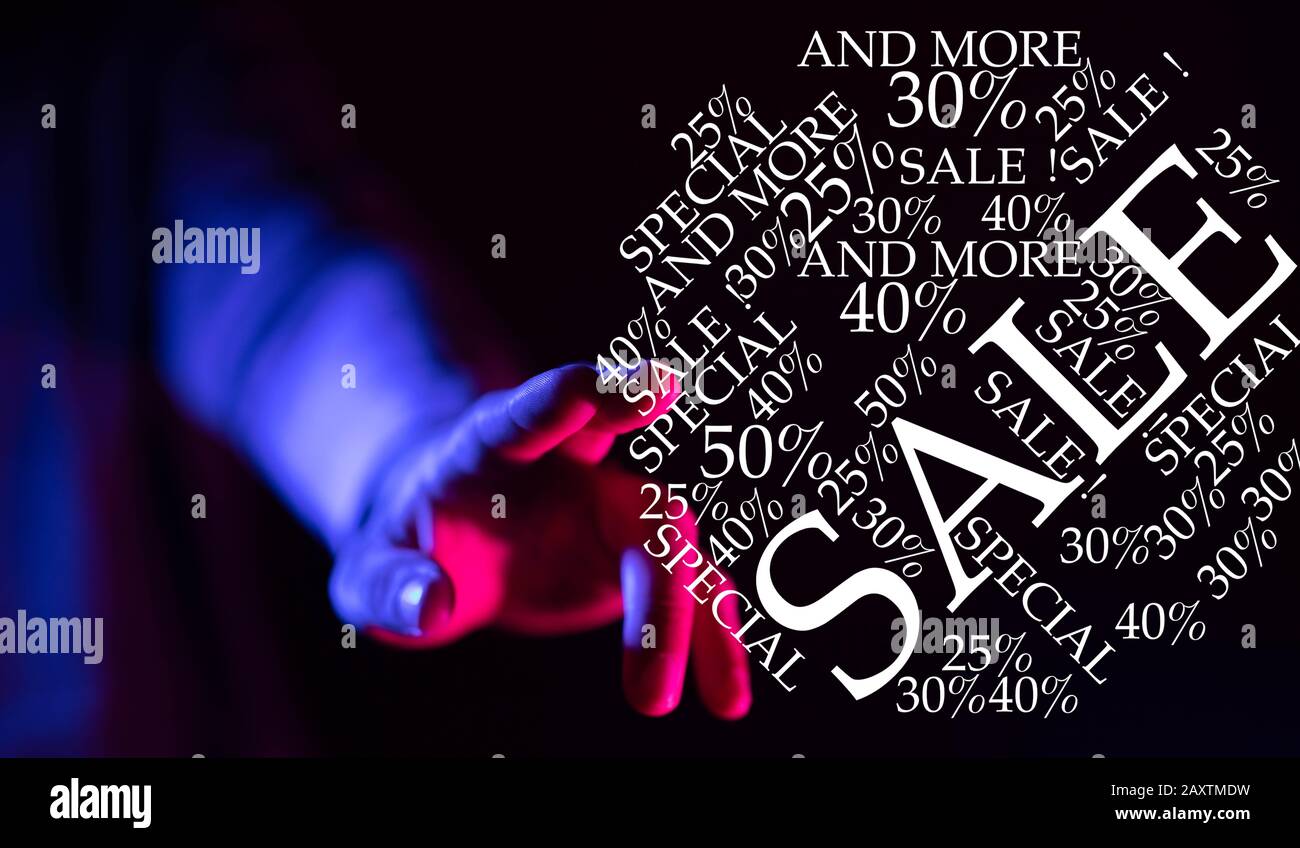 Person presenting a virtual projection of online shopping sales icons ...