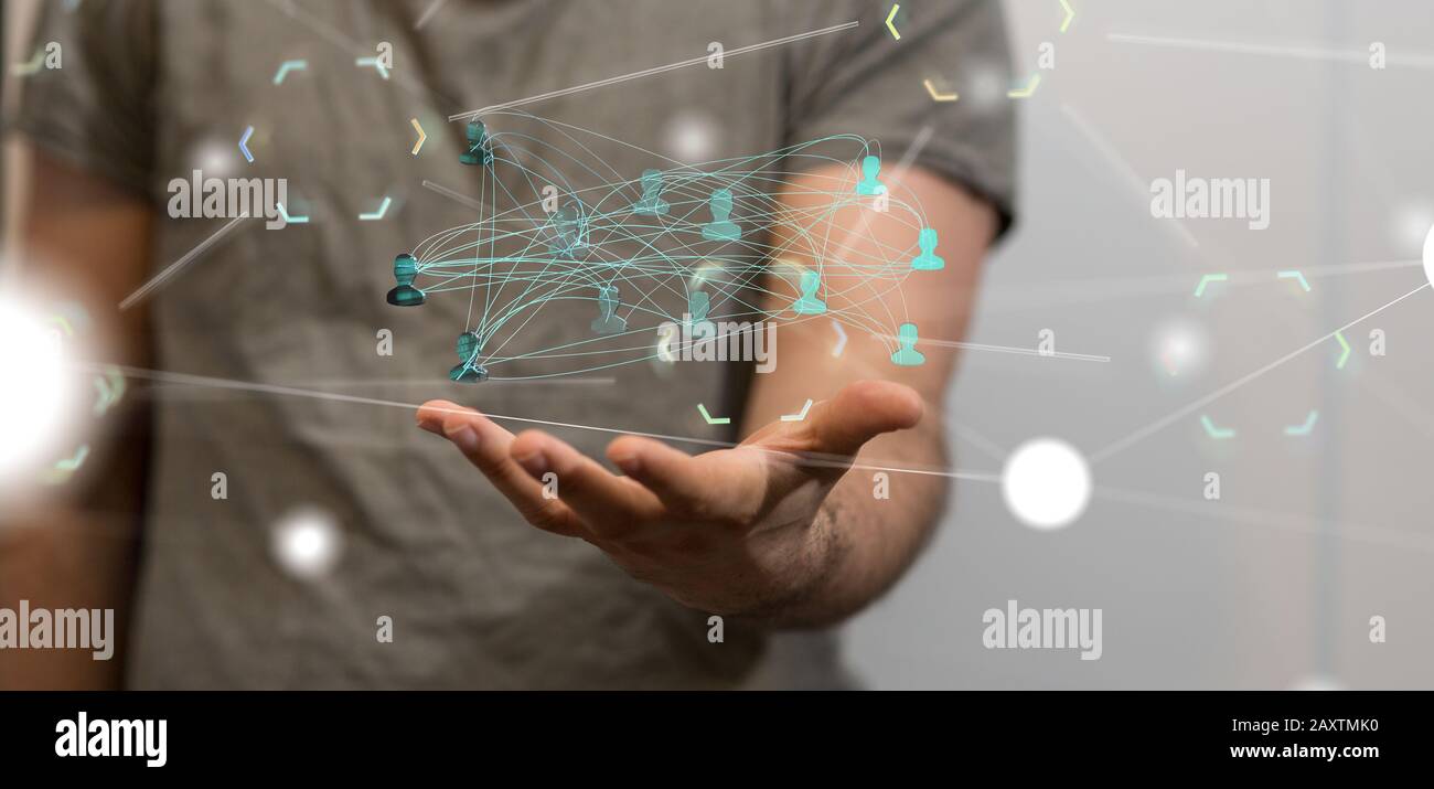 Person presenting the virtual projection of a social network diagram ...